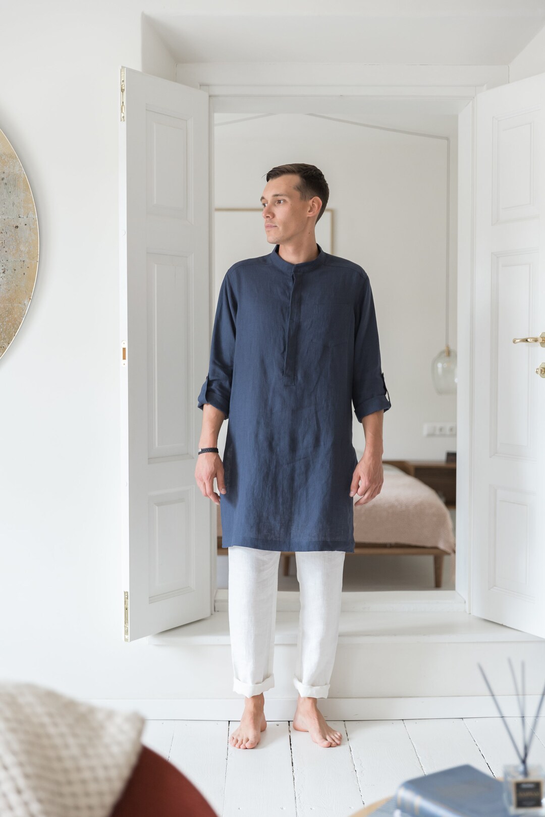 Linen Tunic Shirt – Long Sleeve Summer Tunic, Casual Mens Kaftan Shirt ...