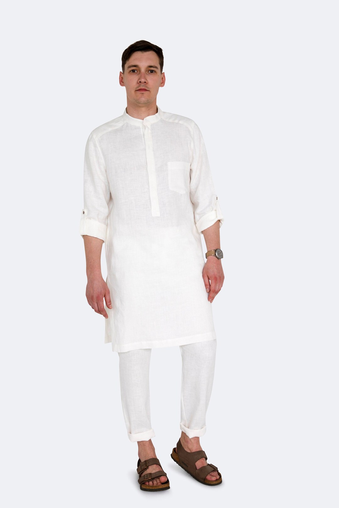 White Linen Tunic Men Long Sleeve Relaxed Fit Shirt Summer Kaftan Shirt ...