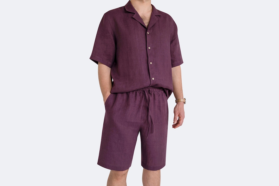 Summer Linen Set Men - Casual Two Piece Outfit - Short Sleeve Shirt and ...