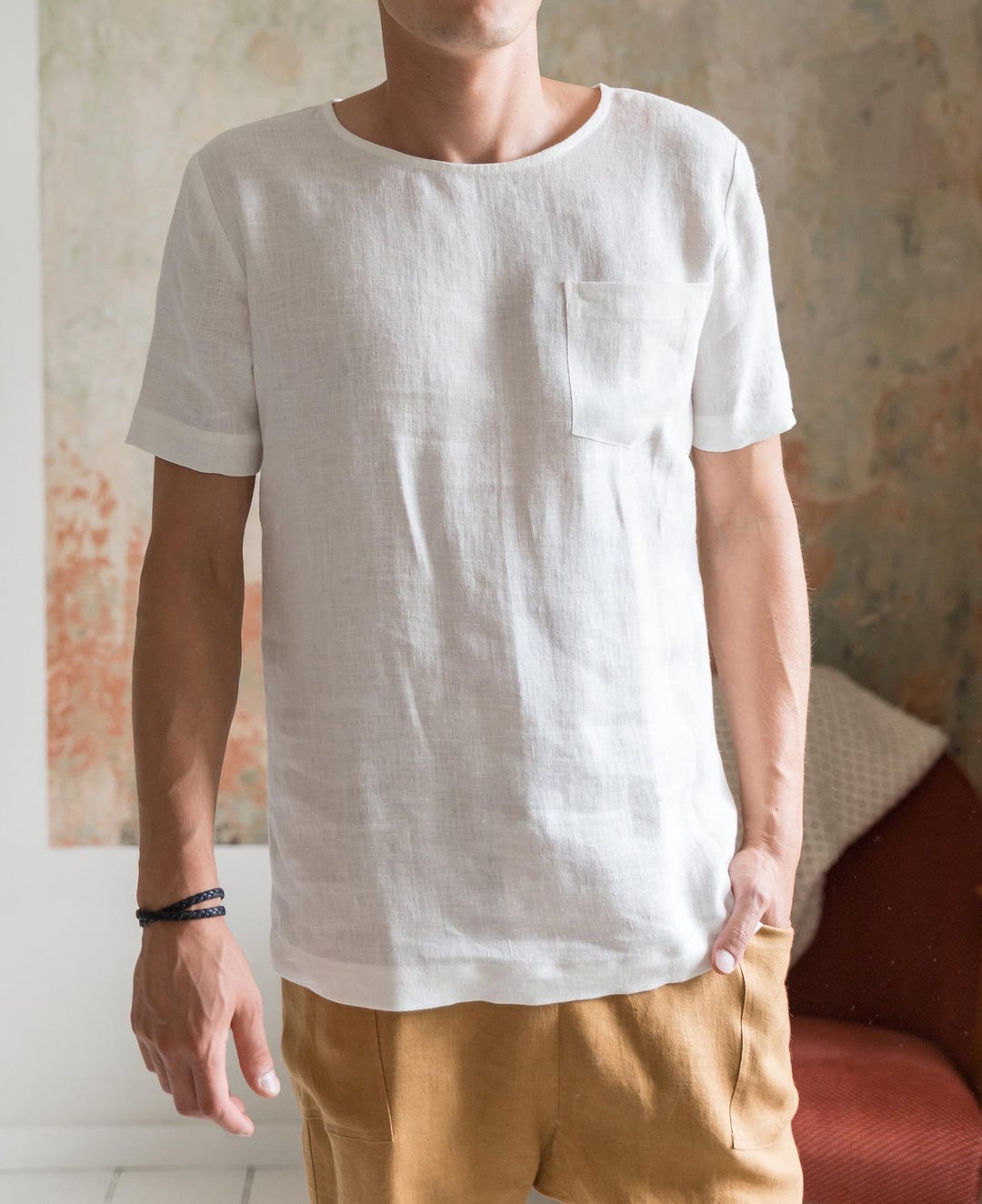 Linen Flow Tee – Lightweight White Linen T-shirt for Men, Short Sleeve ...