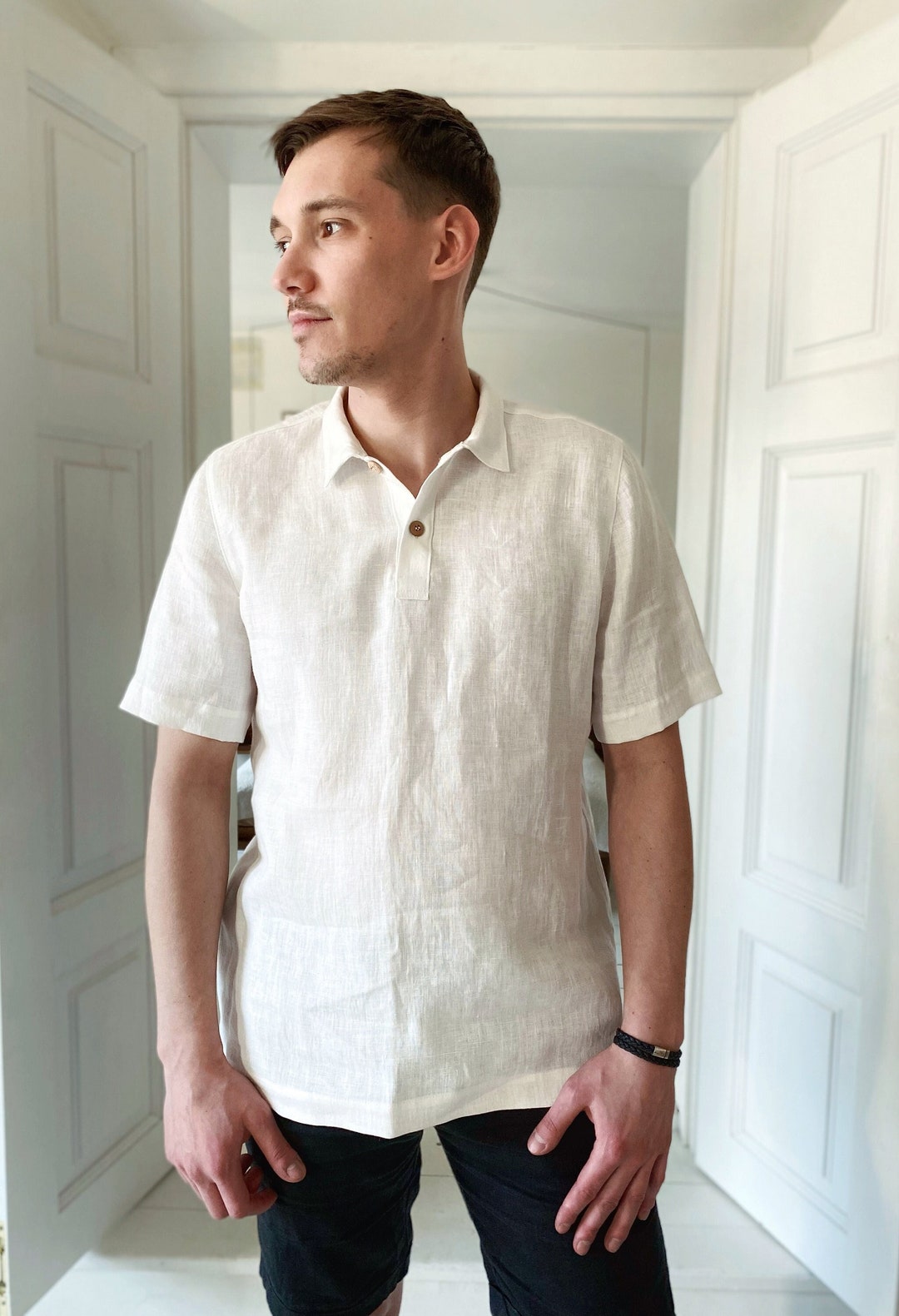 Polo Linen Shirt Men - White Short Sleeve Casual Linen Shirt ...