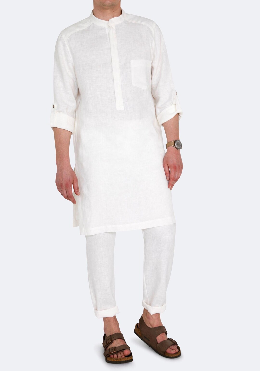 Linen Tunic Shirt – Long Sleeve Lightweight Shirt, Roll-up Sleeves ...