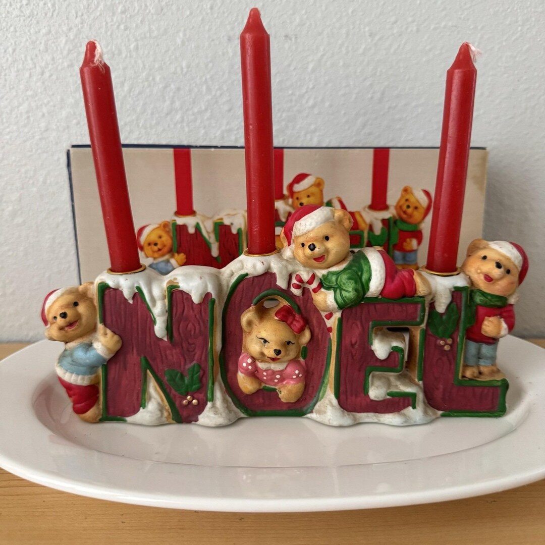 Vintage 80s Nobel Ball Ceramic Christmas NOEL Teddy Bears Candle Holder ...