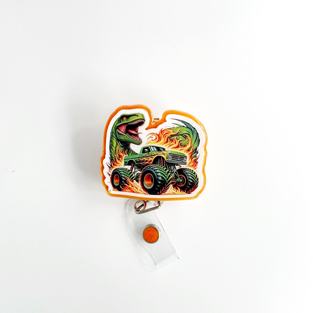 Raptor Badge Reel Retractable, Fire, Monster Truck, Dinosaur, Dino, Kid ...