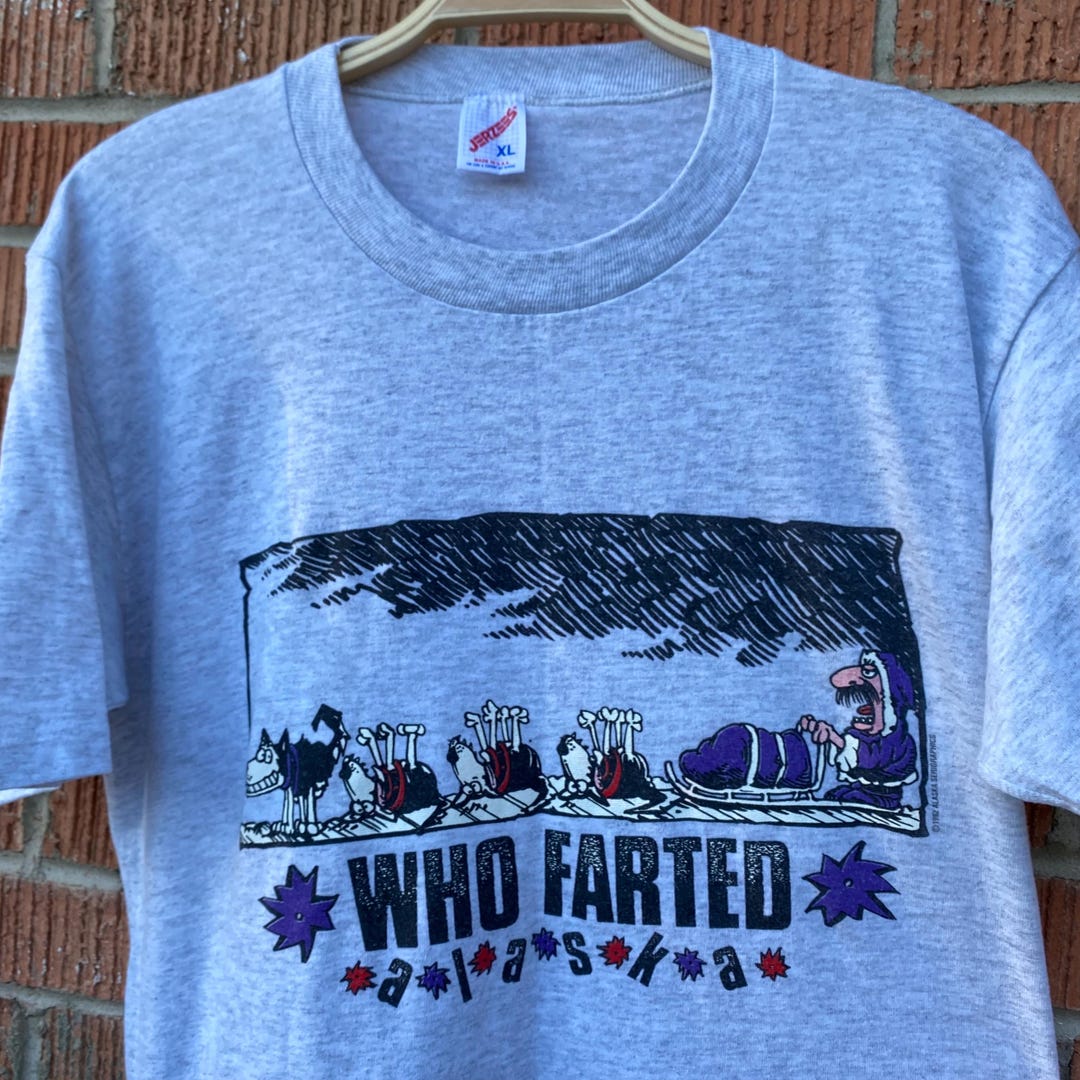 Vintage Who Farted Alaska Sled Dog Graphic T-shirt Grey 90s Funny XL ...