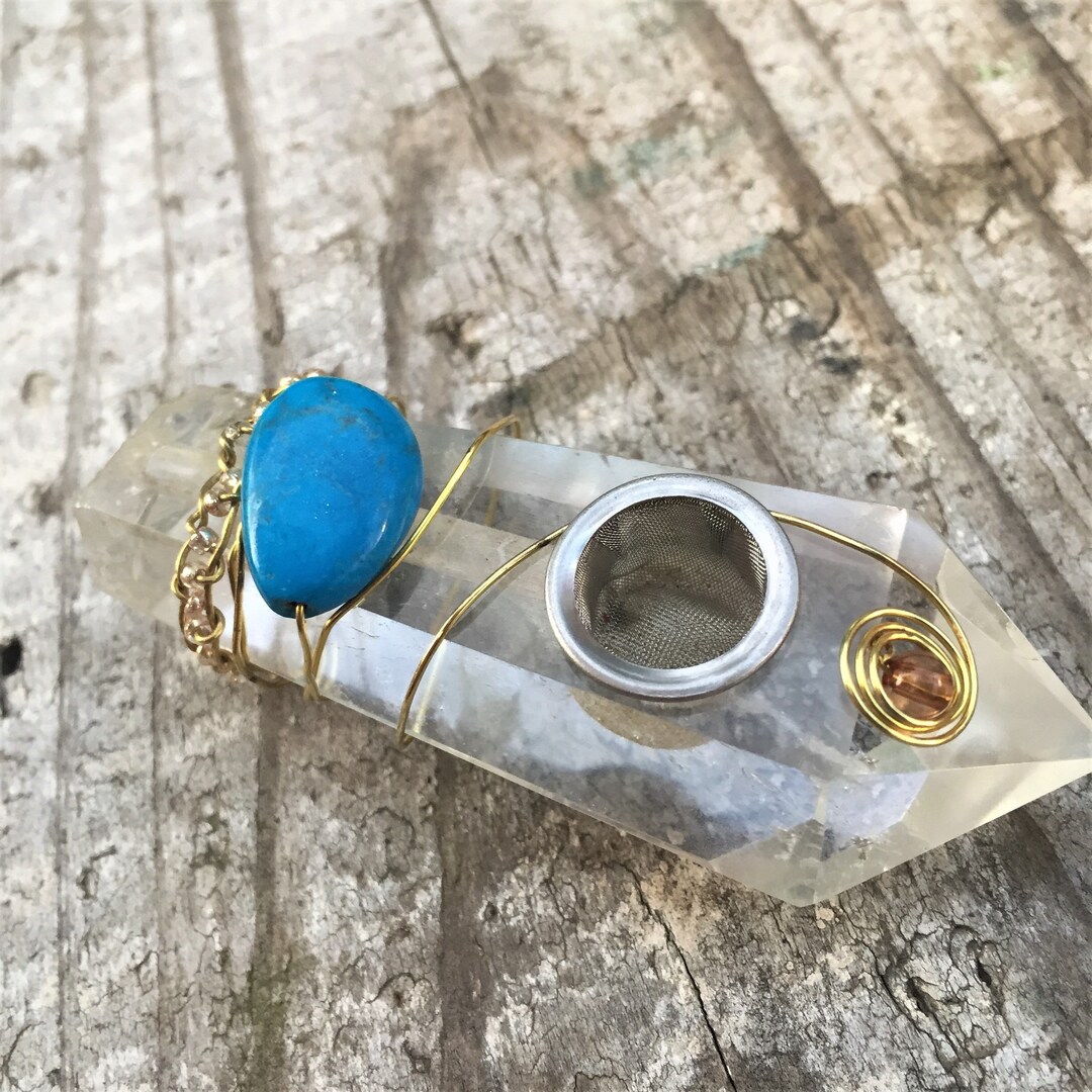 Crystal Pipe, Turquoise & Brass Wire Wrapped Clear Quartz Crystal ...