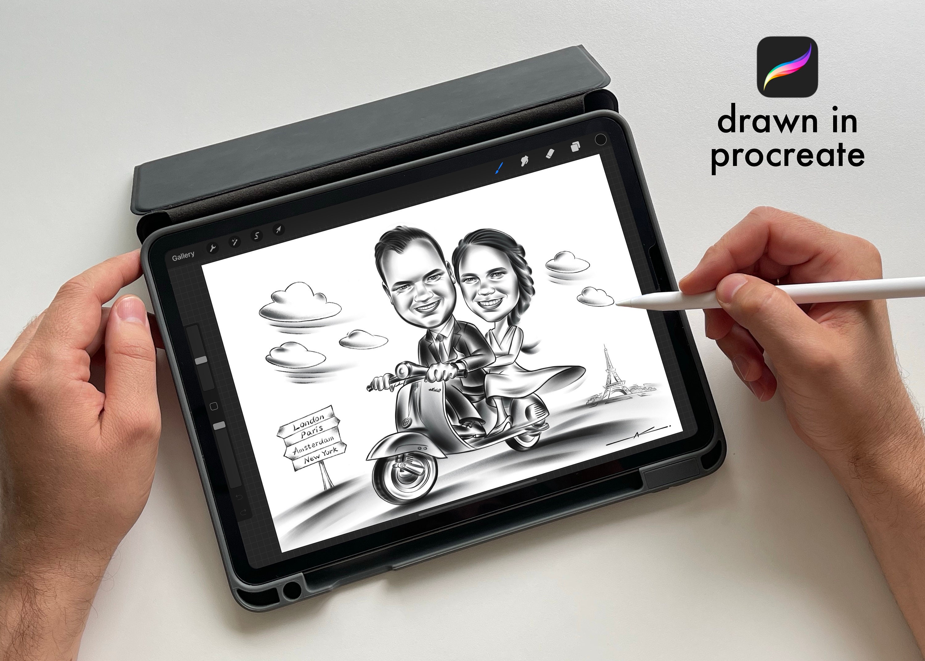 Couple Caricature Riding on a Bike. Black&white Digital Caricature for ...