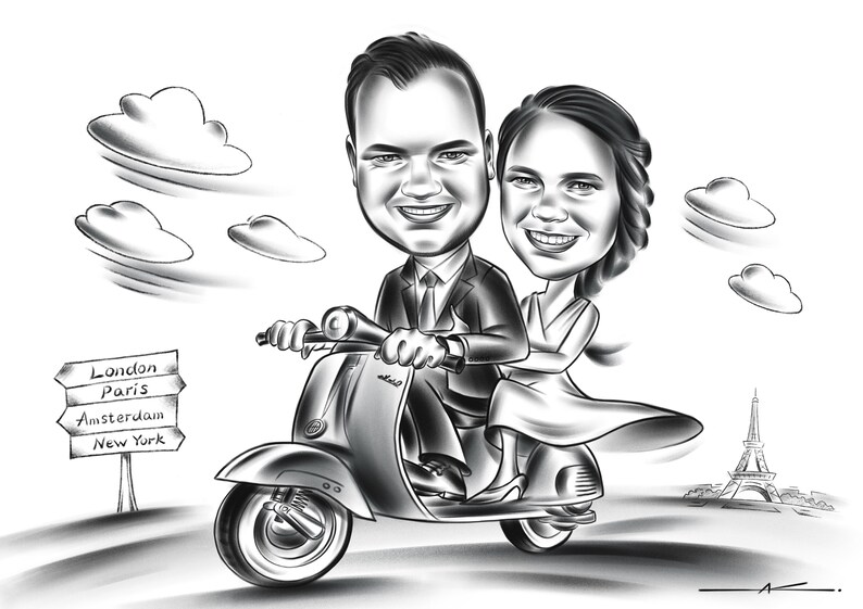 Couple Caricature Riding on a Bike. Black&white Digital Caricature for ...