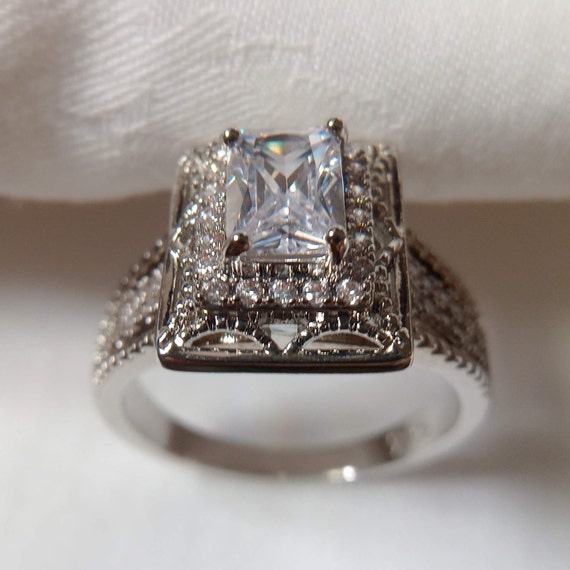 Art Deco Emerald Cut Engagement Ring Emerald Cut Halo CZ - Etsy