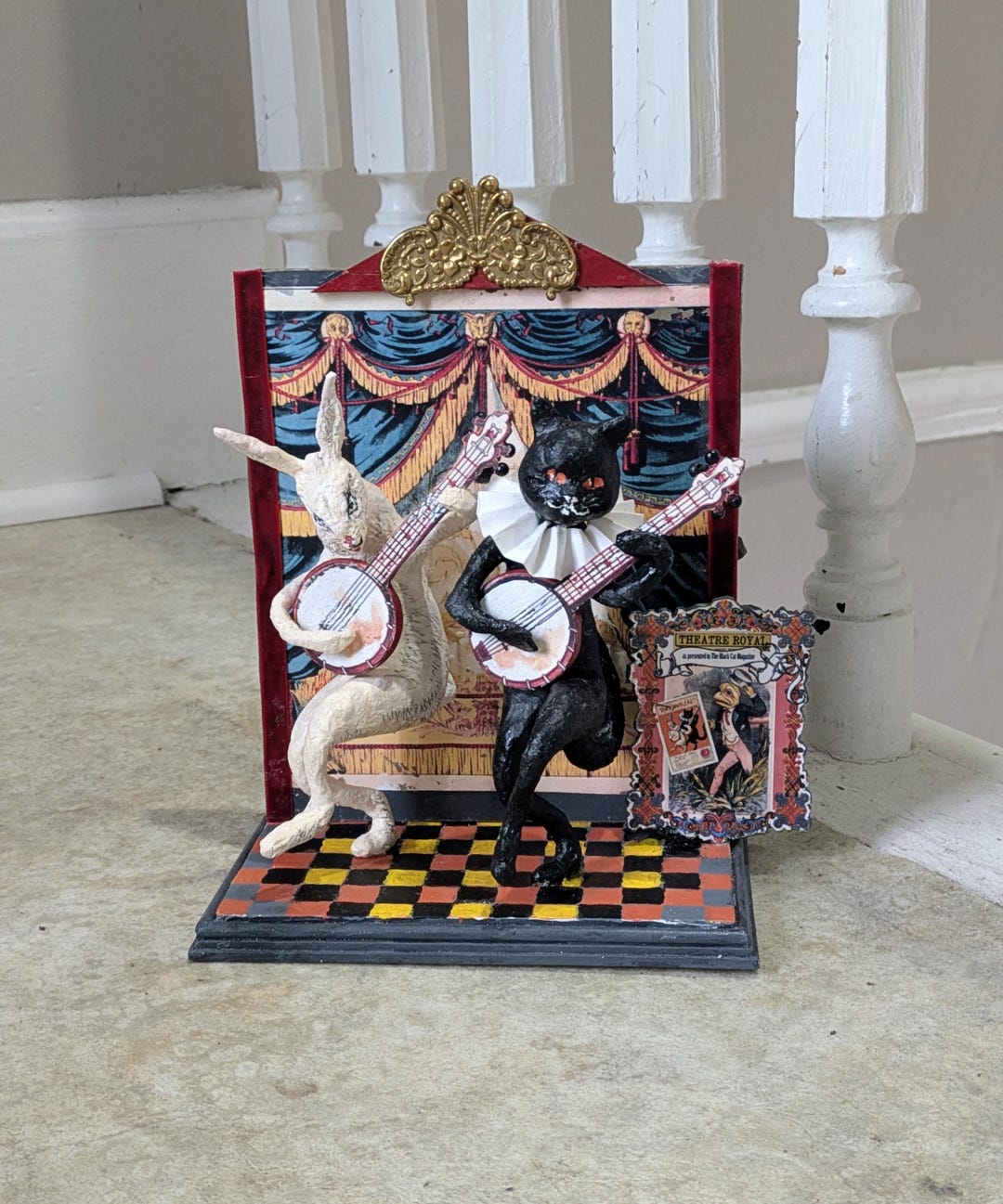 Handcrafted Paper Mache Cat and Rabbit Banjo Duo on Wood Base - Etsy