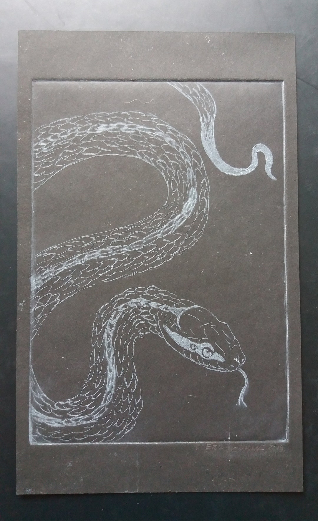 White Ink on Black Paper Snake Copper Plate Etching One of a Kind ...