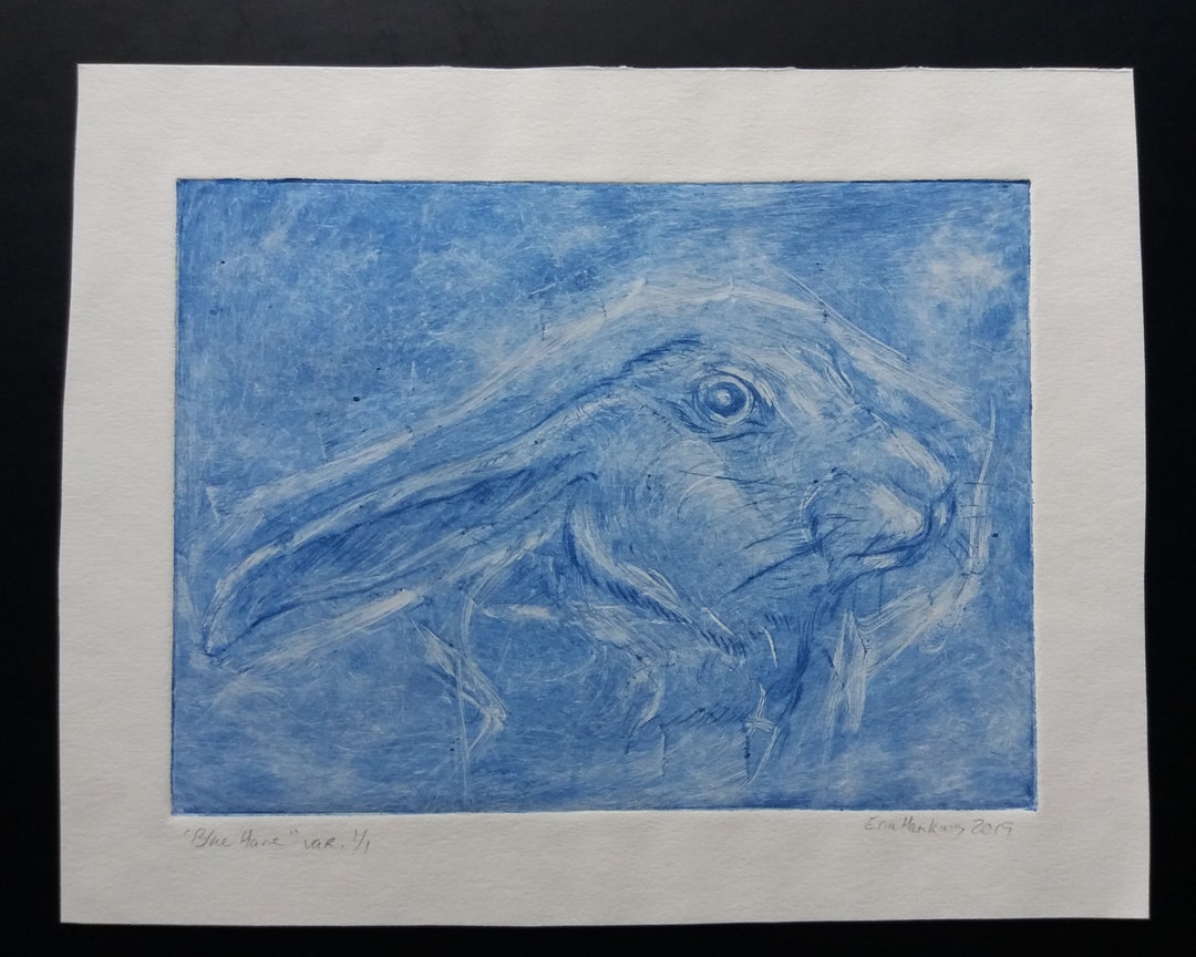 Blue Hare Copper Plate Drypoint One of a Kind Intaglio Print Acid ...