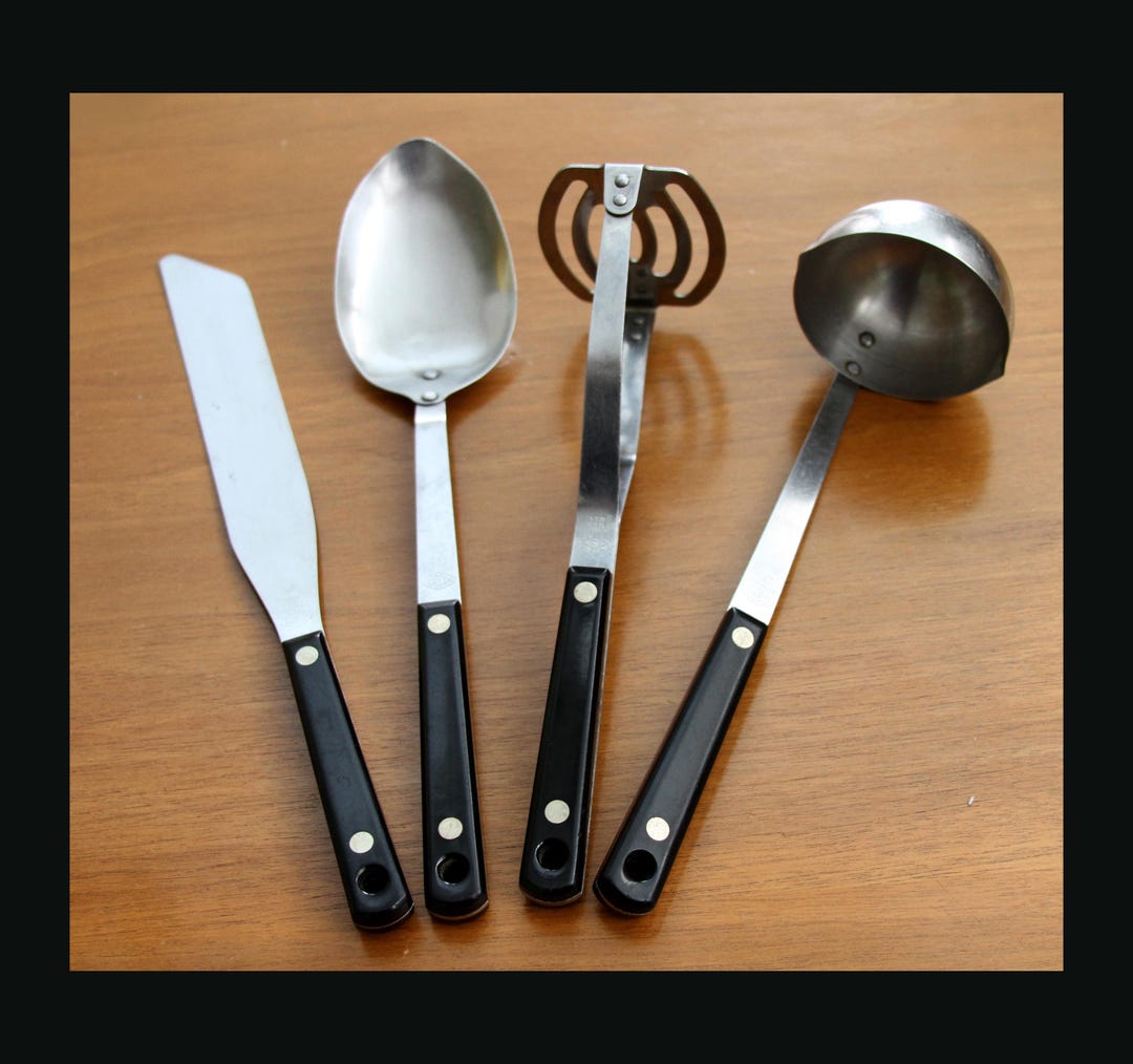 Vintage Stainless Cooking Utensils Black Riveted Handles Set of 4 Spoon ...
