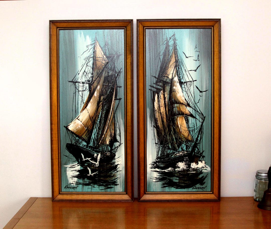 Pair of 1960's MCM Paintings Abstract Expressionism Ships at Sea Signed ...