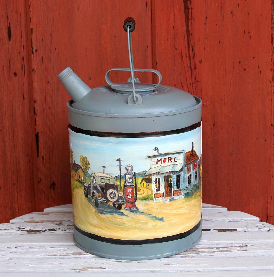 Vintage Gasoline Can With Hand Painted Farm Scene, Antique Cars and Old ...