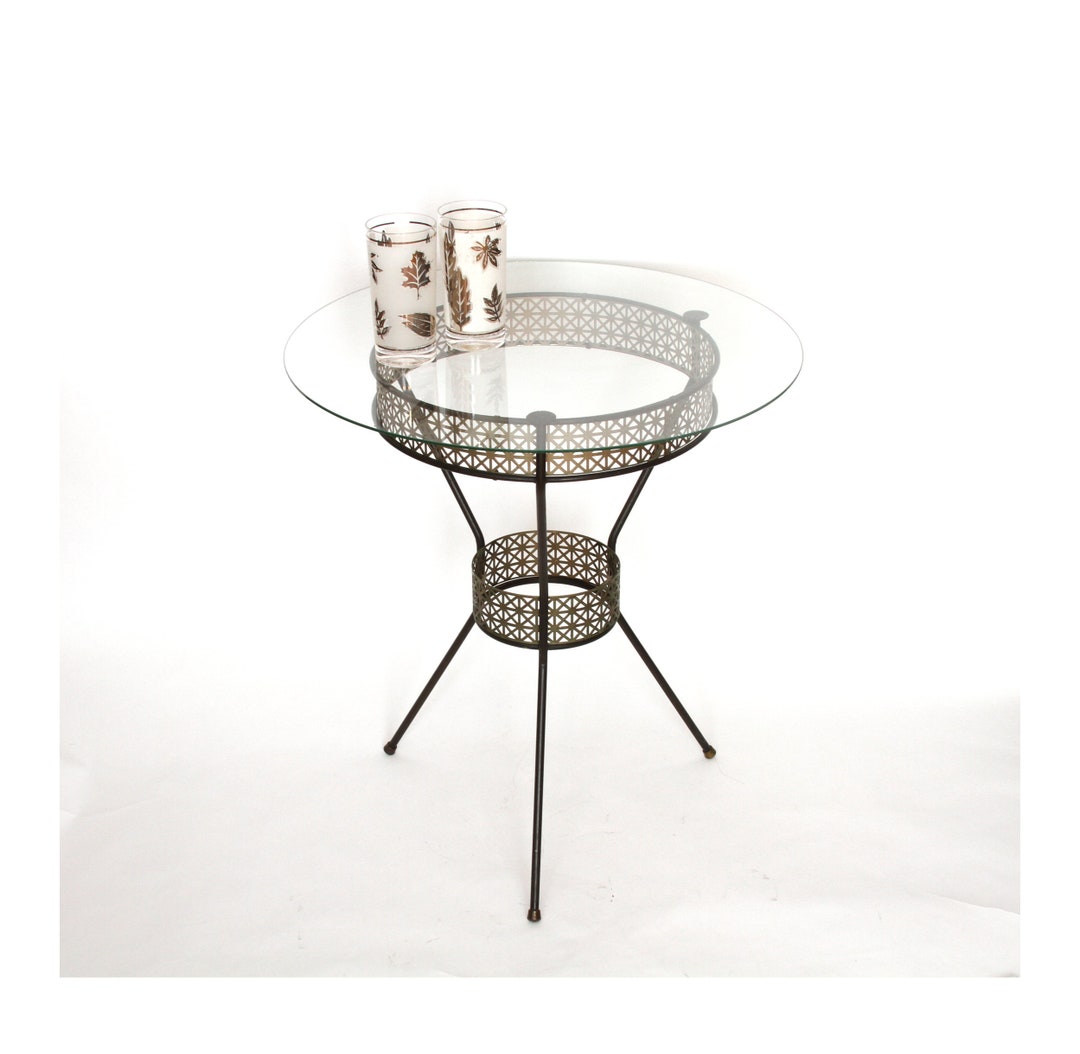 Rare Mid Century Atomic Pierced Metal Accent Table With Iron Tripod ...
