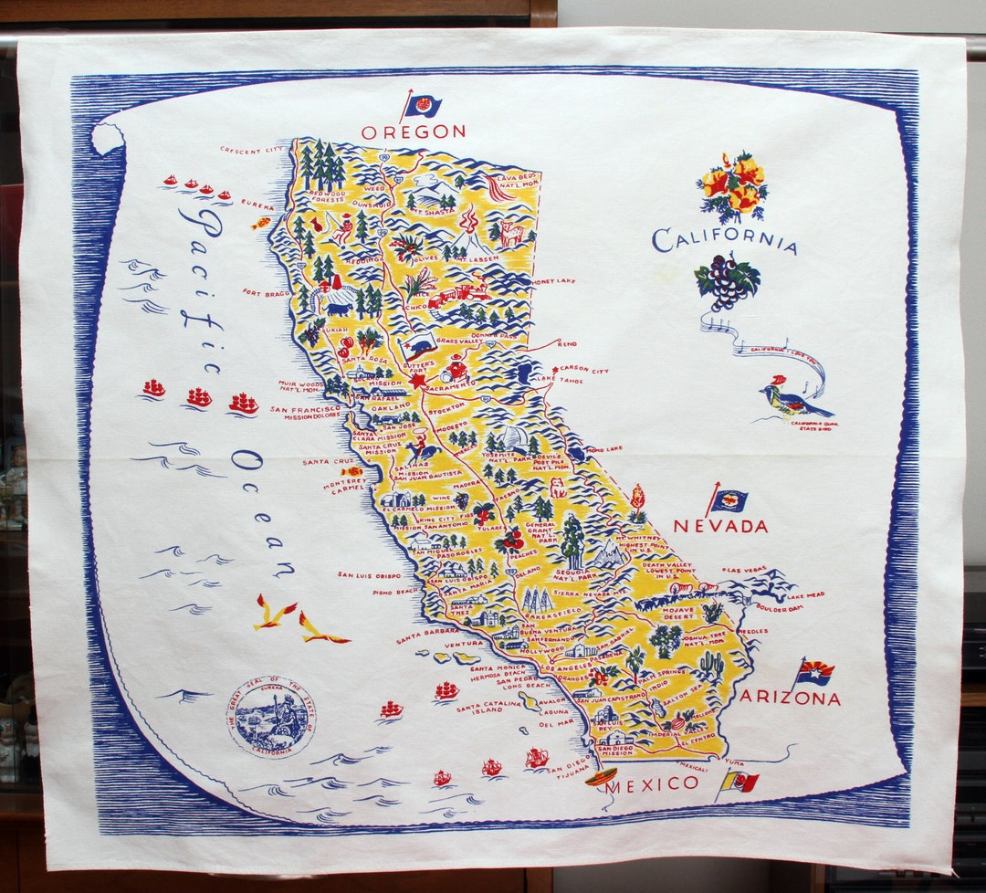 Vintage California State Map Souvenir Tablecloth Cactus Cloth - Etsy