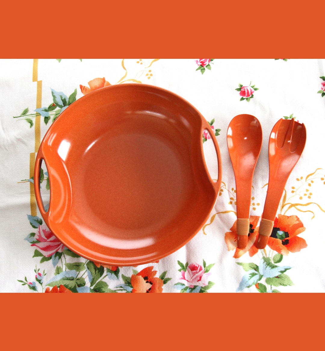 Mid Century Melmac Salad Serving Set Bowl With Serving Fork and Spoon ...