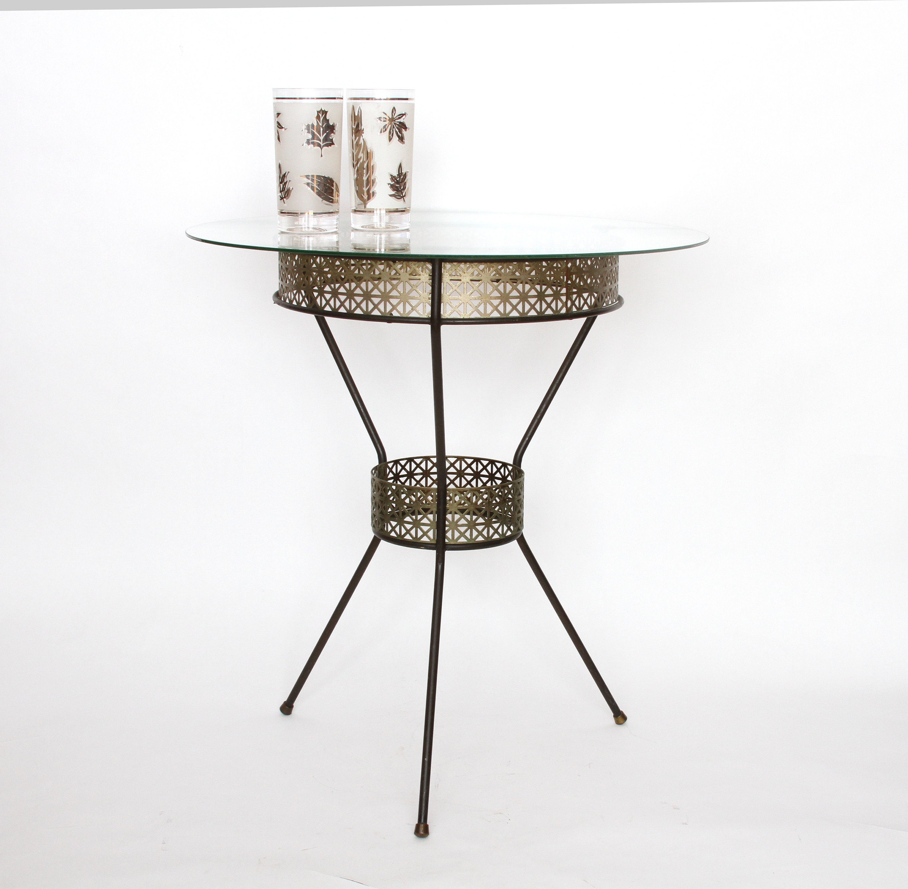 Rare Mid Century Atomic Pierced Metal Accent Table With Iron Tripod ...
