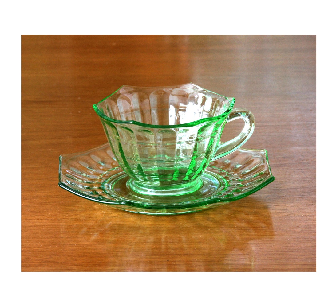Vintage Green Depression Glass Cup and Saucer Liberty Hexagon Shape - Etsy