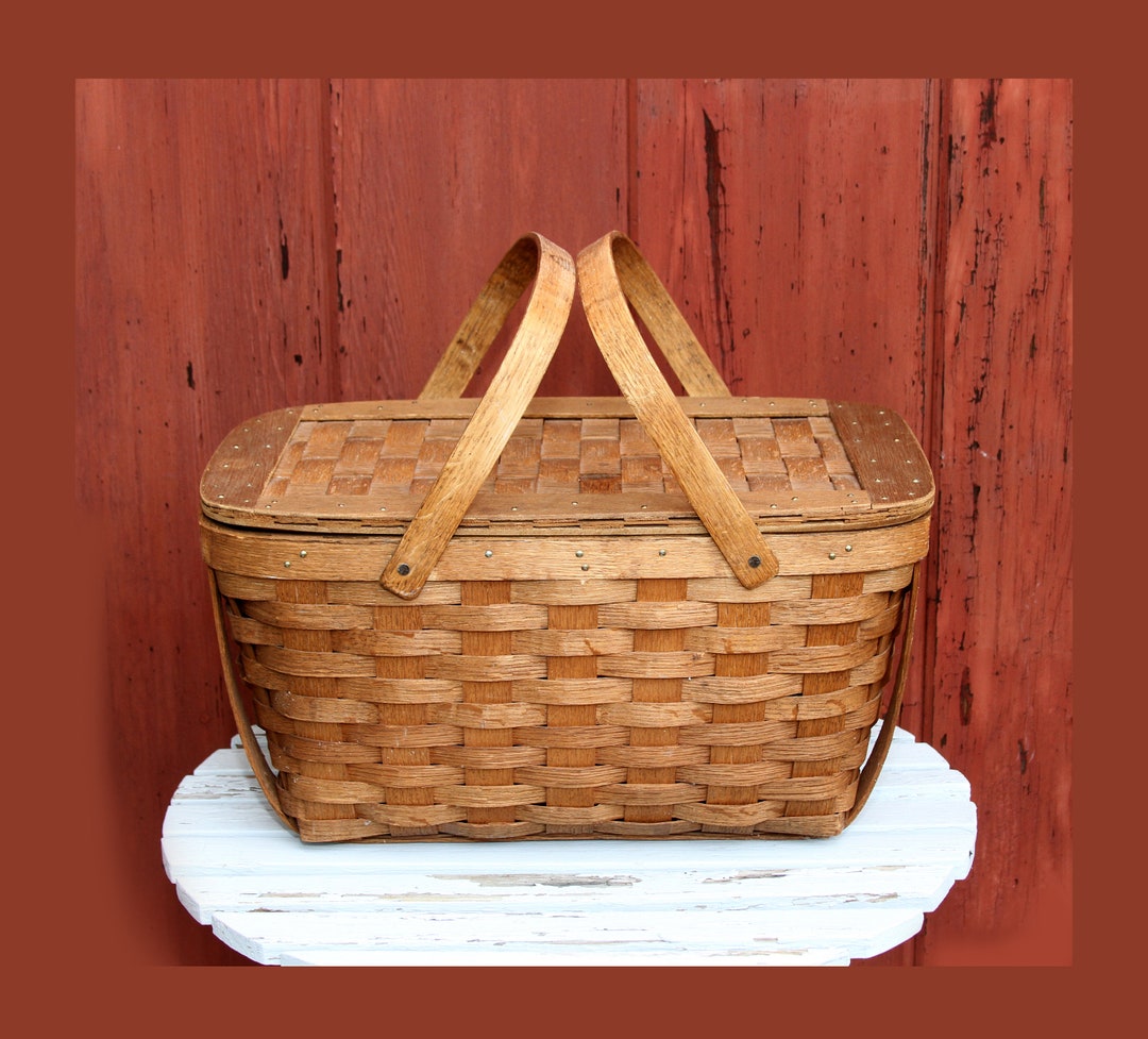 Large Antique Woven Wood Picnic Basket With Hinged Lid/double Handles ...