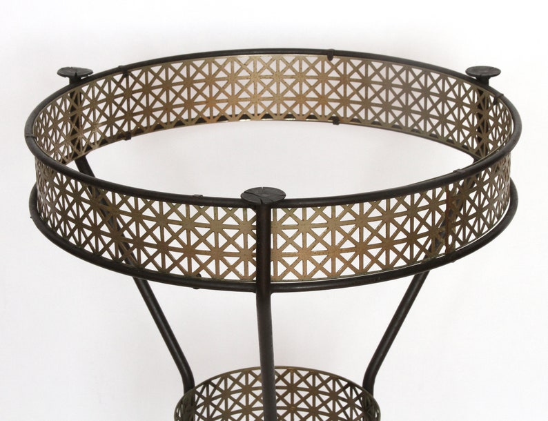 Rare Mid Century Atomic Pierced Metal Accent Table With Iron Tripod ...