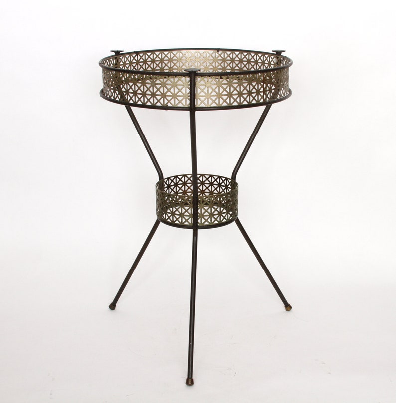 Rare Mid Century Atomic Pierced Metal Accent Table With Iron Tripod ...