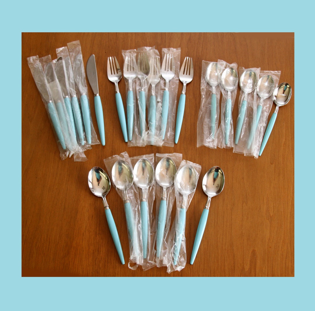 Castle Stainless Aqua Blue Handles Mid Century Flatware 23 Pieces ...