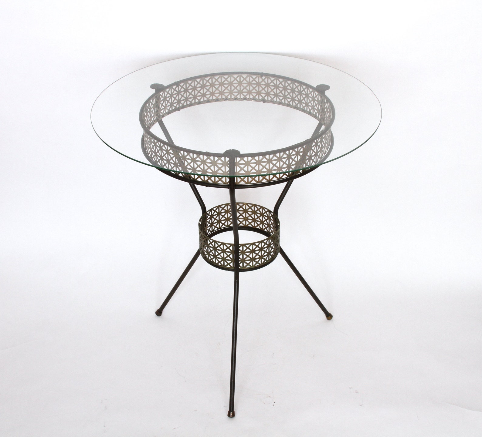 Rare Mid Century Atomic Pierced Metal Accent Table With Iron Tripod ...
