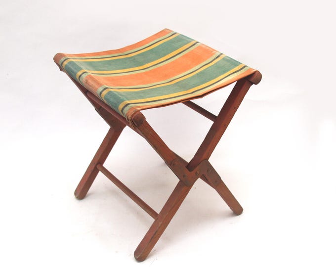 Vintage Redwood Folding Camp Stool With Striped Canvas Seat - Etsy