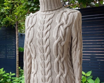 Merino Cable Knit Turtleneck Sweater Dress Cozy Handmade | Etsy