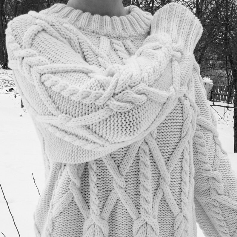 Merino Wool Chunky Cable Knit Oversized Sweater in White by - Etsy