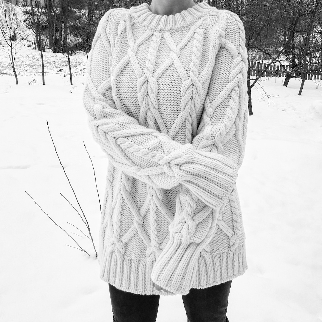 Merino Wool Chunky Cable Knit Oversized Sweater in White by - Etsy