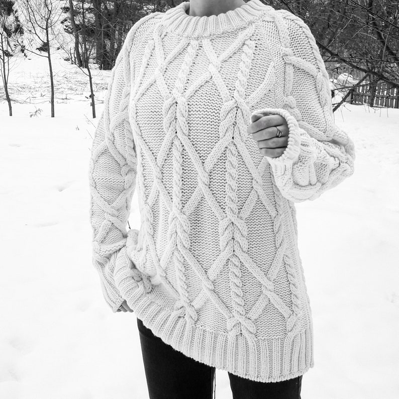 Merino Wool Chunky Cable Knit Oversized Sweater in White by - Etsy