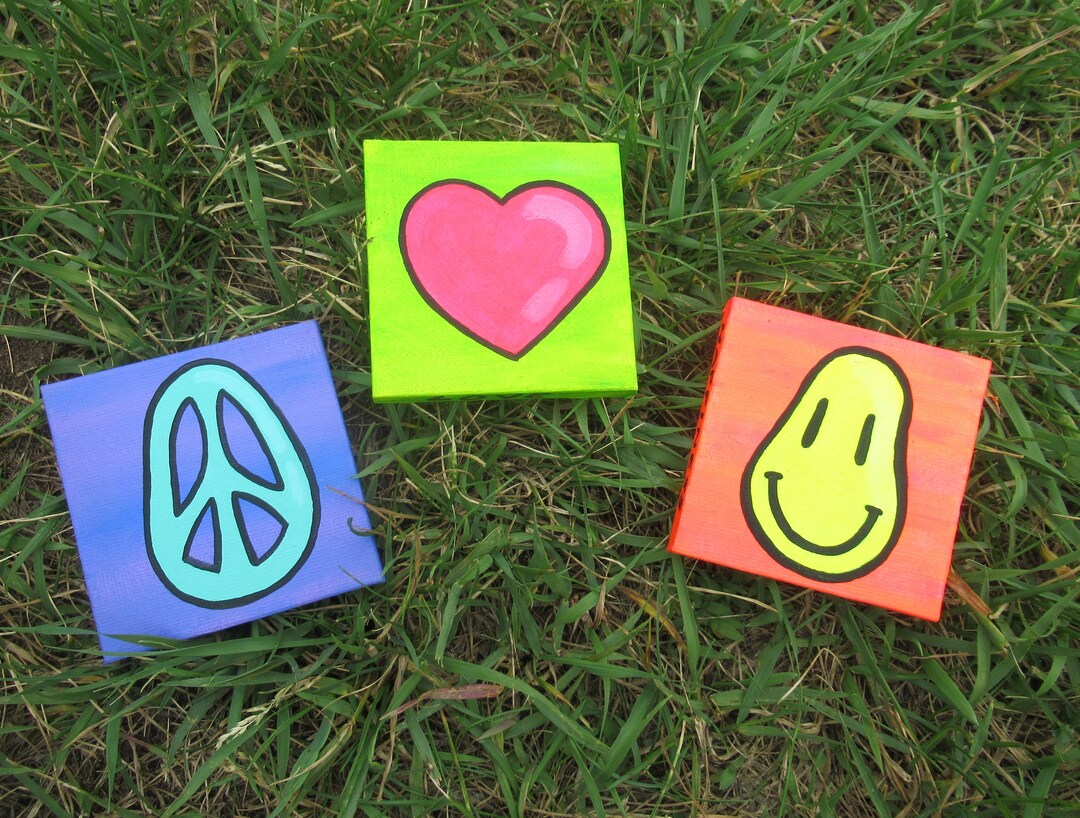 Peace Love Happiness Mini Canvas Painting Trio - Etsy