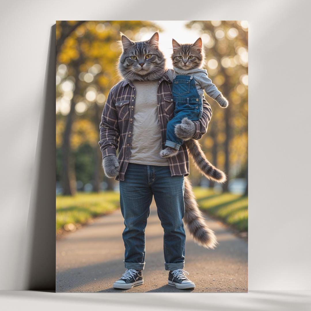 Cat Dad and Kitten Shoulder Ride Art Print - Adorable Father & Child ...