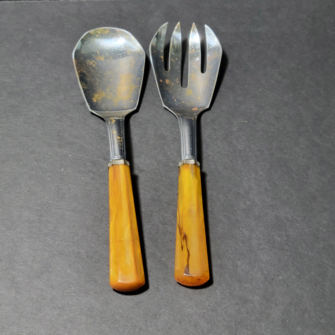 Vintage Butterscotch Bakelite Large Fork and Spoon Serving Set - Etsy