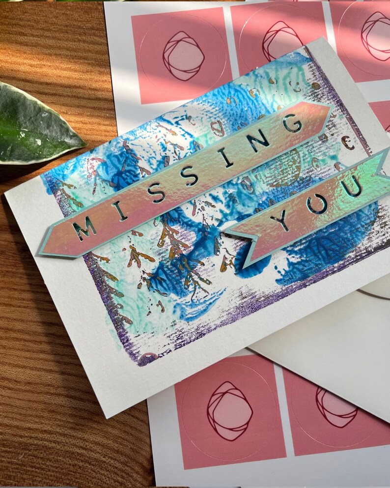 Handmade 'missing You' Card: Leaf Print, Iridescent Accent - Etsy