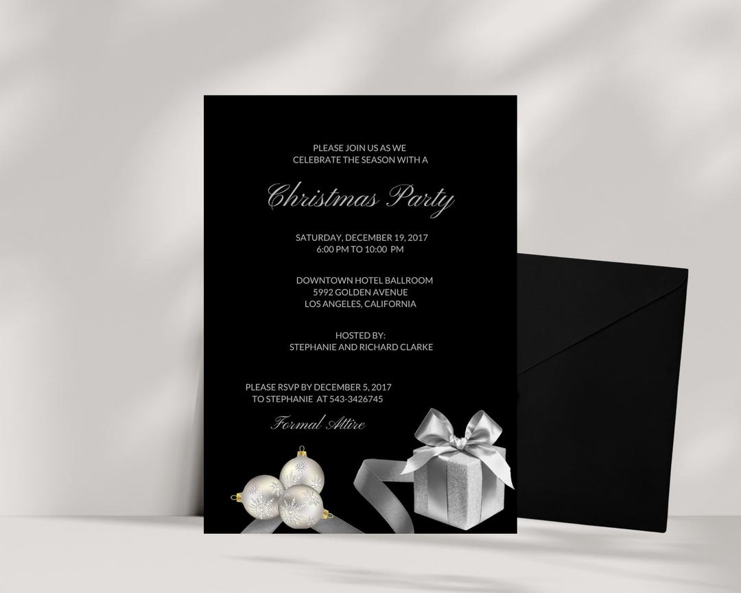 Silver Christmas Party Invitation, Editable Christmas Invitation ...