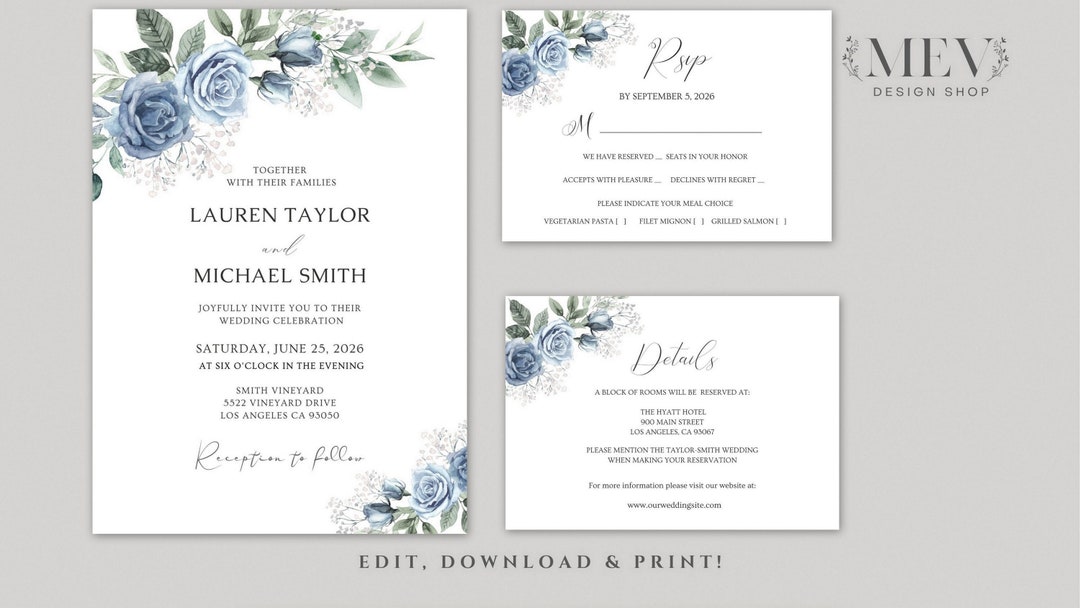 Dusty Blue Wedding Invitation Template Set, Dusty Blue Wedding ...