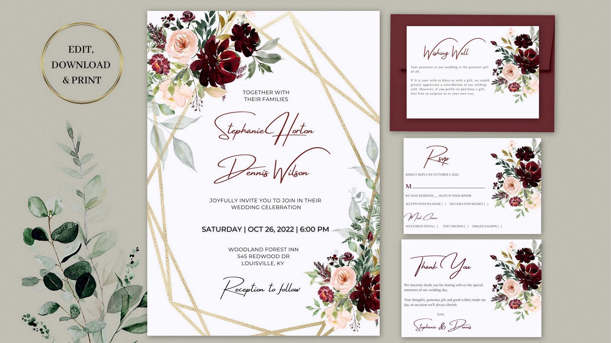 EDITABLE Marsala Burgundy Wedding Invitation Suite Marsala | Etsy