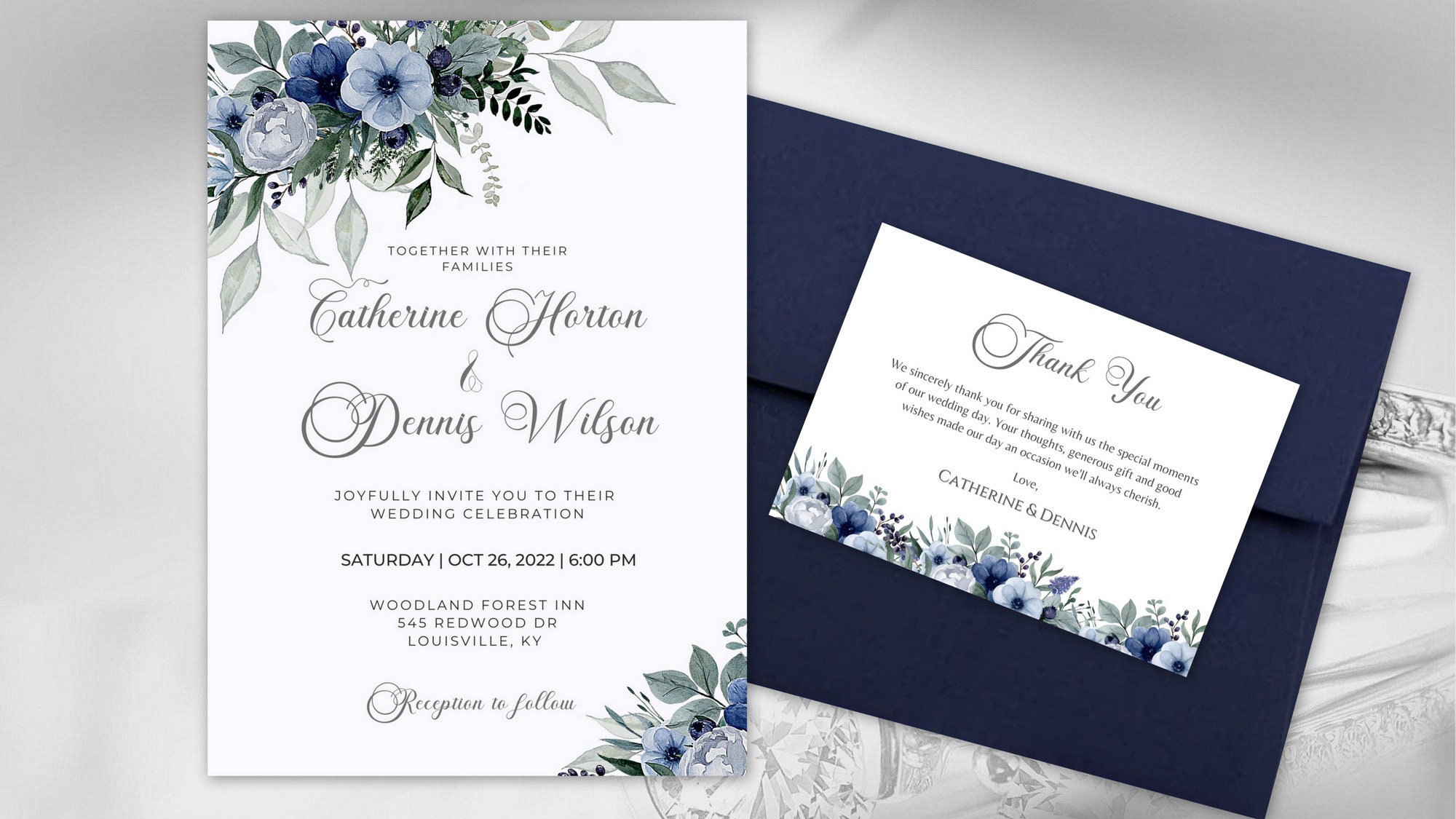 Dusty Blue Wedding Invitations Blue Flowers Wedding | Etsy
