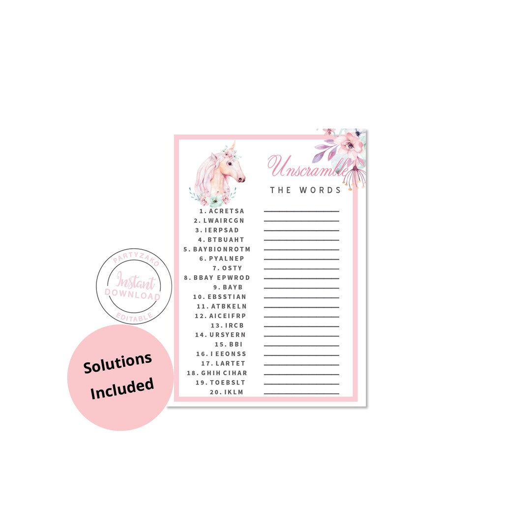 Unicorn Unscramble the Words Baby Shower Game / Unicorn Sailor - Etsy