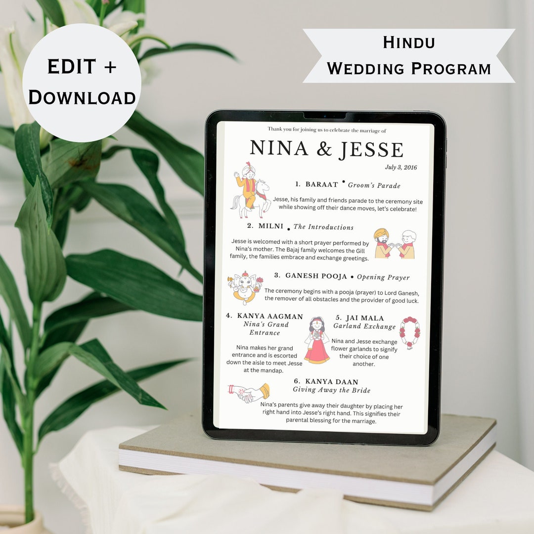 HINDU Editable Indian Wedding Ceremony Program With Drawings - Digital ...