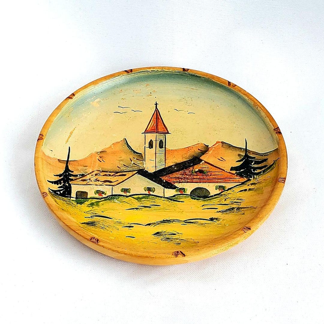 Vintage 4" Hand-painted - Church in the Mountains - Wooden Plate - Etsy