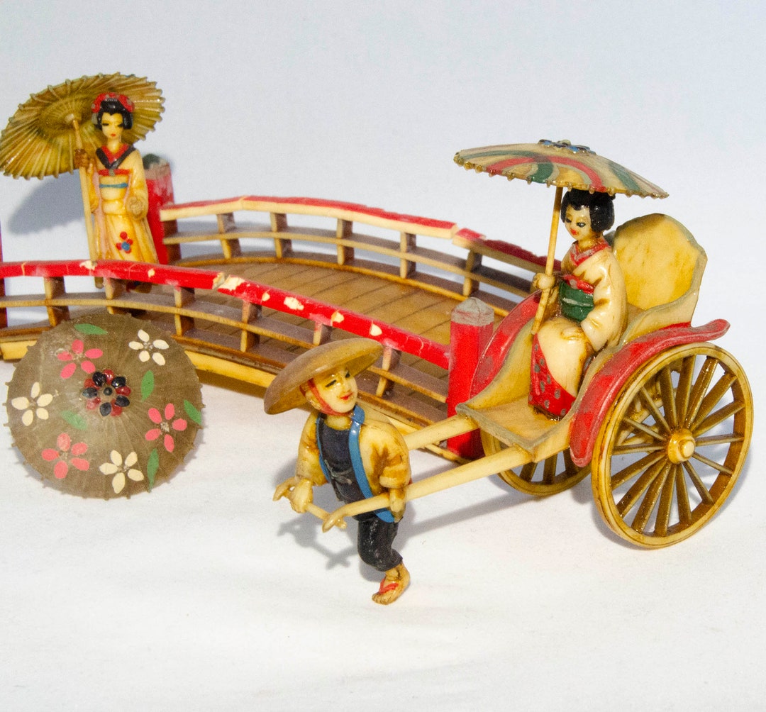 1940-50's Asian Celluloid Figurine Set - Footbridge & A Rickshaw - Etsy