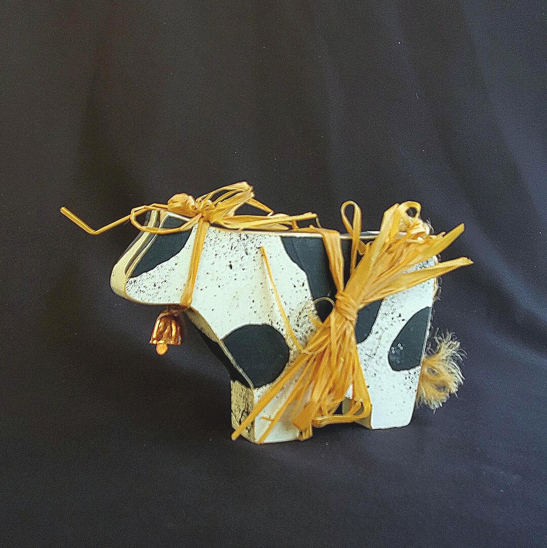 Wooden Black and White Cow With a Straw Collar & Belt - Etsy