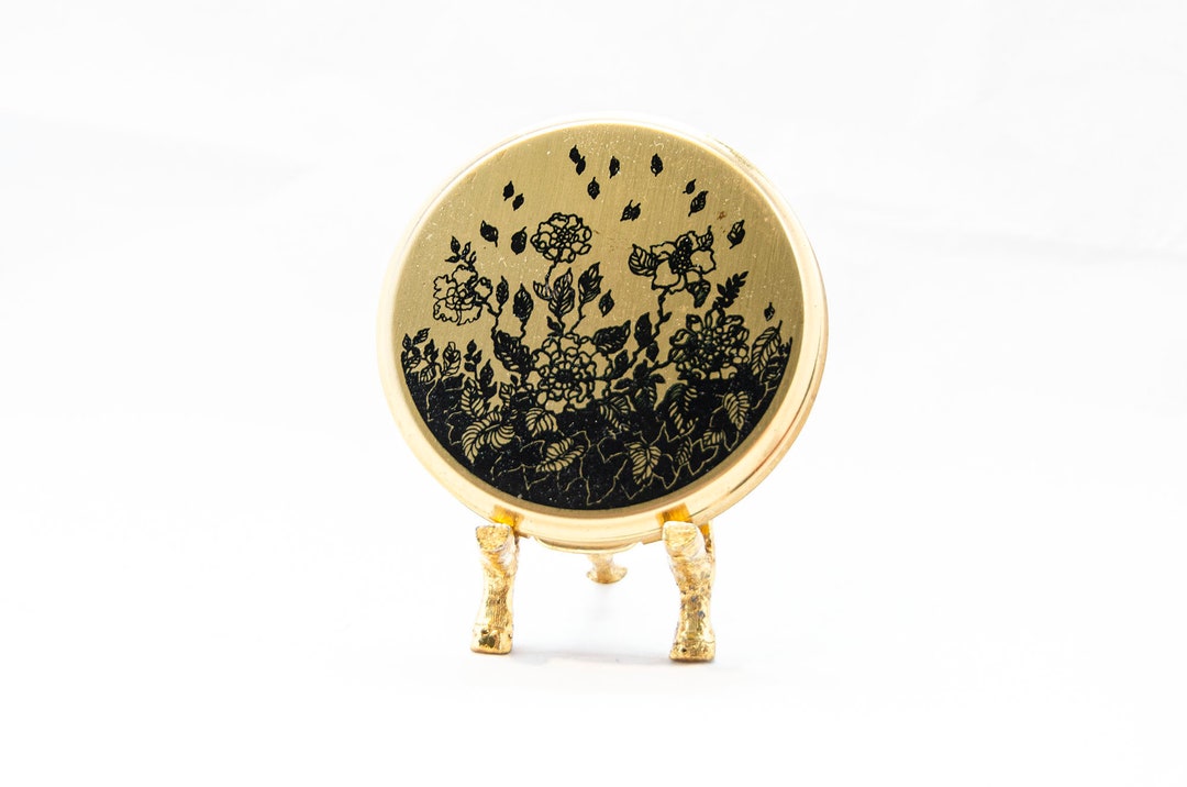 Gold Circular Compact With Black Flowers - Etsy