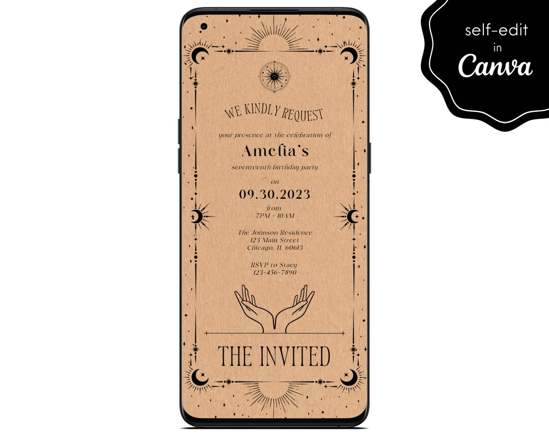 Electronic Minimal Tarot Card Birthday Party Digital Invite, Astrology ...