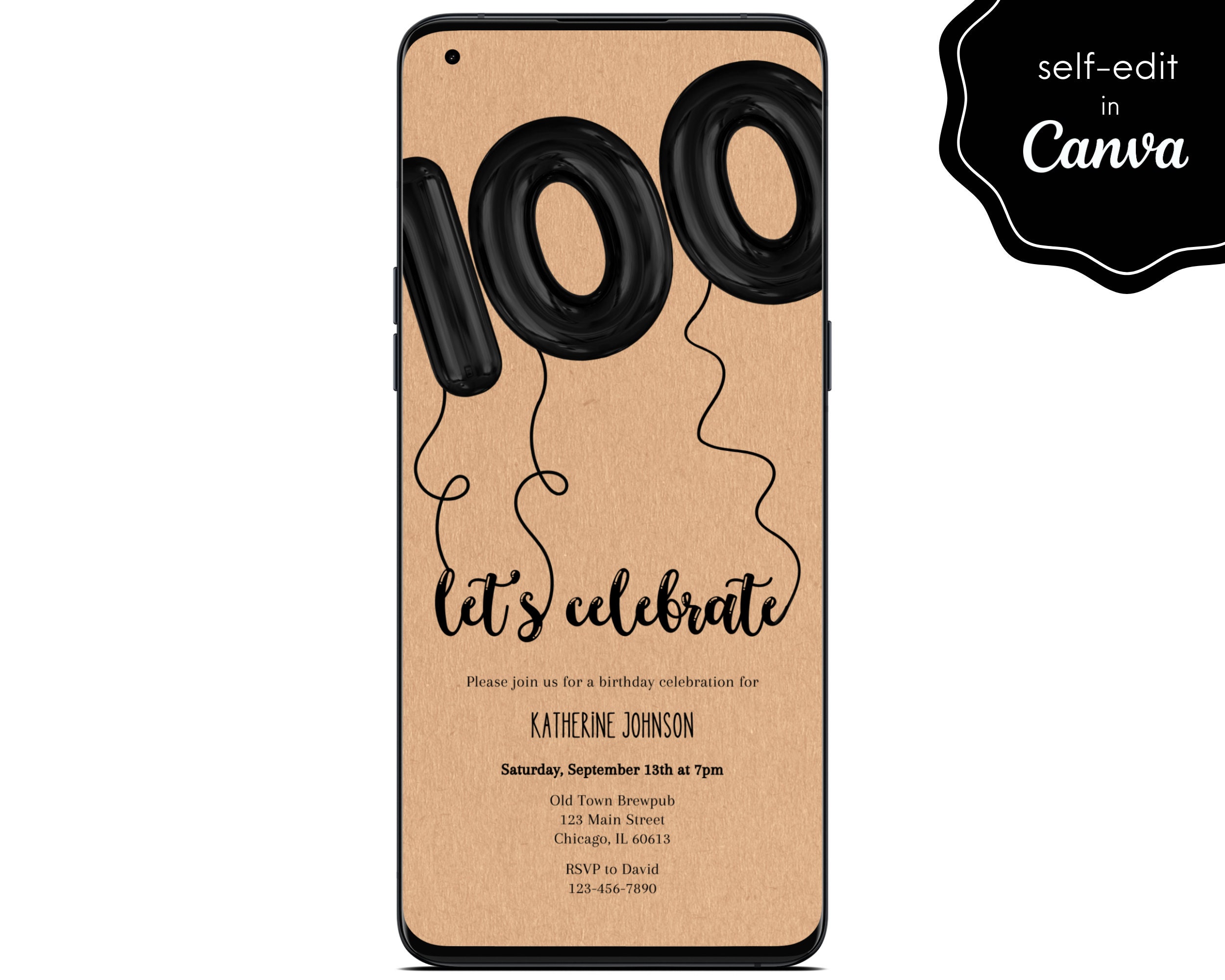 100th Birthday Party Digital Invite, 100 Bday Balloons, Minimalist ...